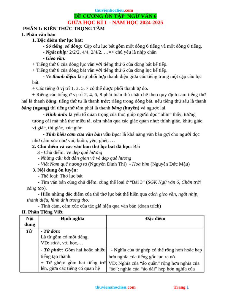 De Cuong On Tap Giua HK1 Ngu Van 6 CTST 24 25 | PDF