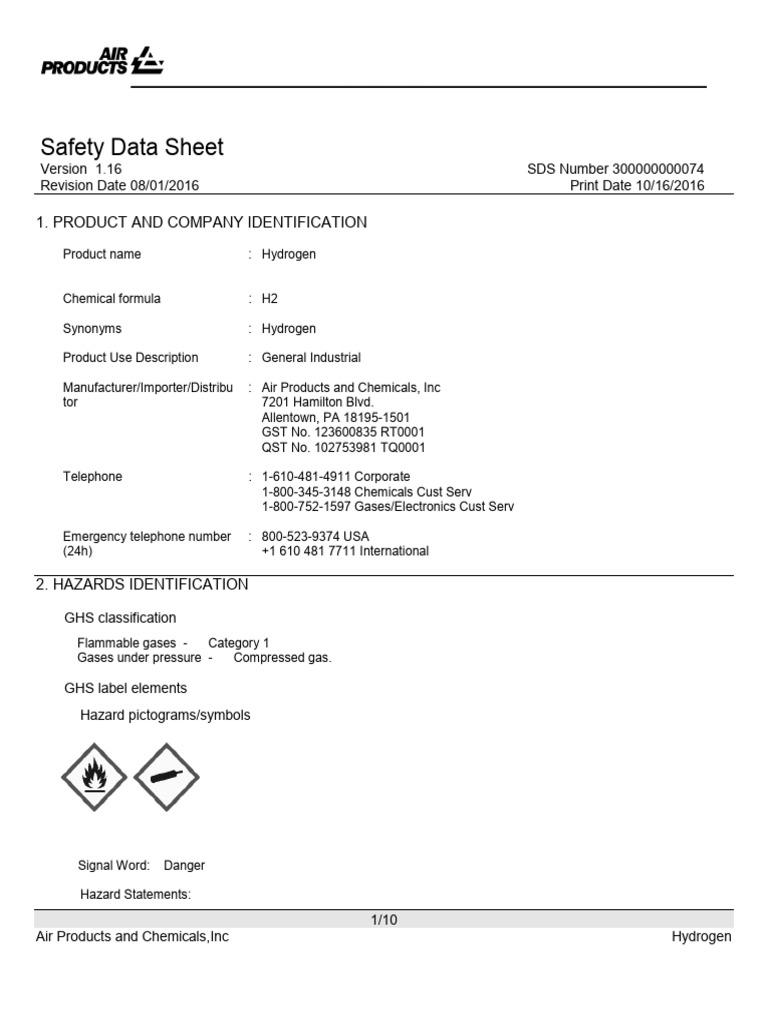 Hydrogen Sds | PDF | Valve | Toxicity