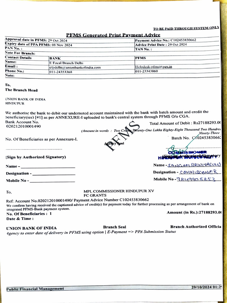 Hindupur Municipality PFMS-15FC Payment | PDF | Banking | Financial ...