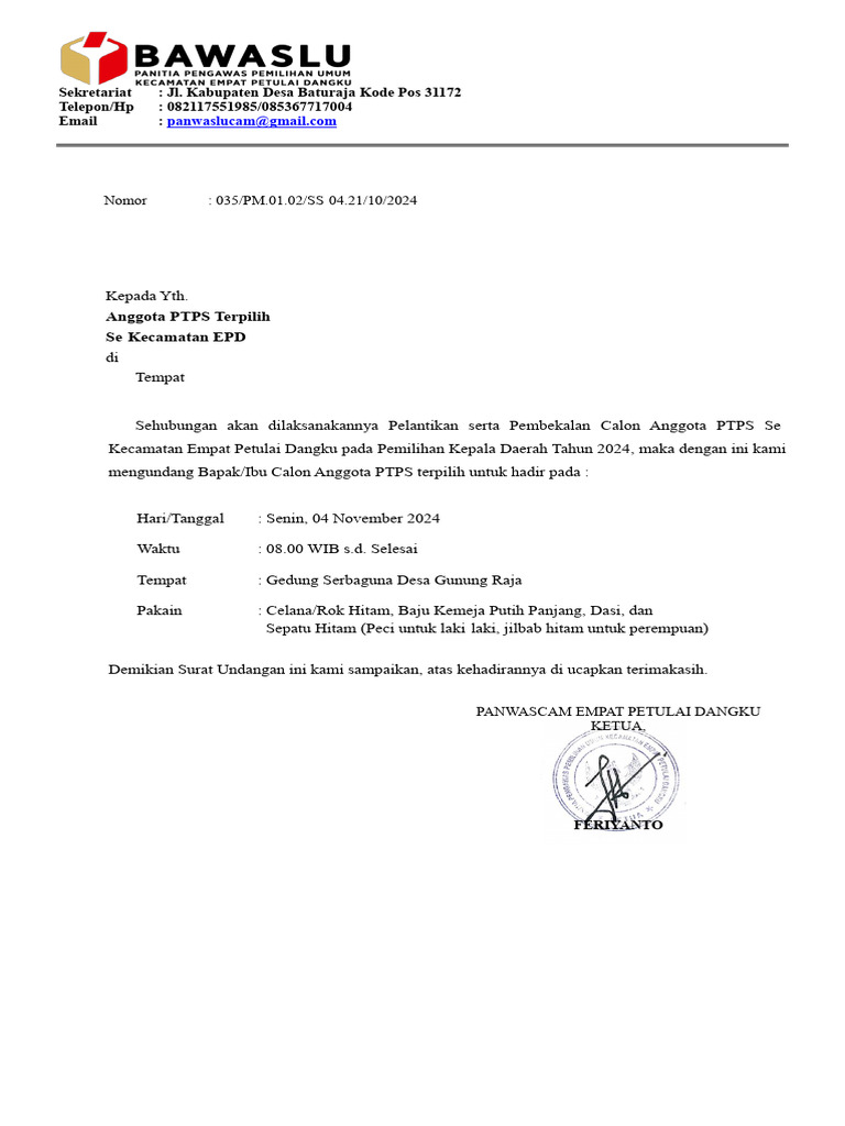 Undangan Pelantikan PTPS 2024 Pilkada | PDF