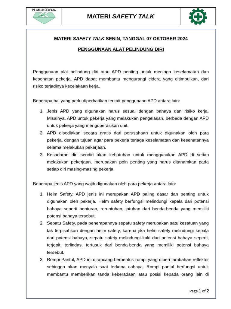 Materi Safety Talk: Penggunaan APD | PDF