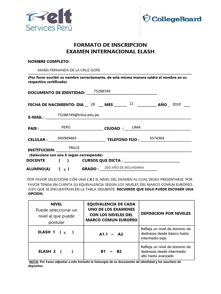 Inscripción Examen Internacional ELASH | PDF