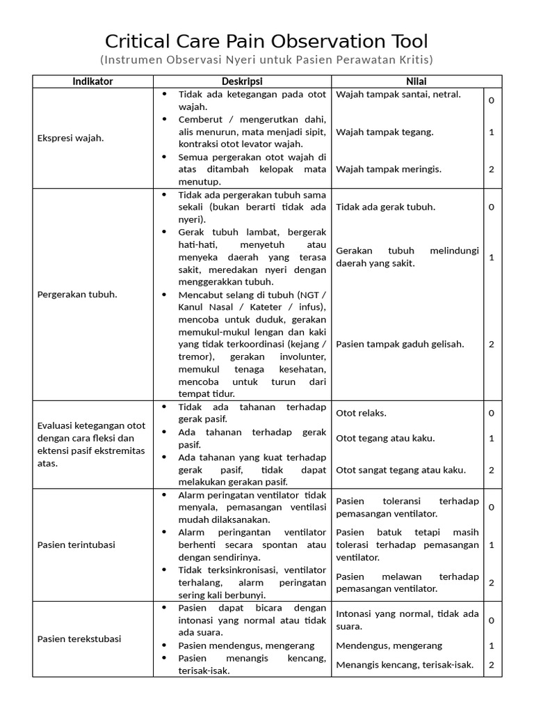 Critical Care Pain Observation Tool | PDF