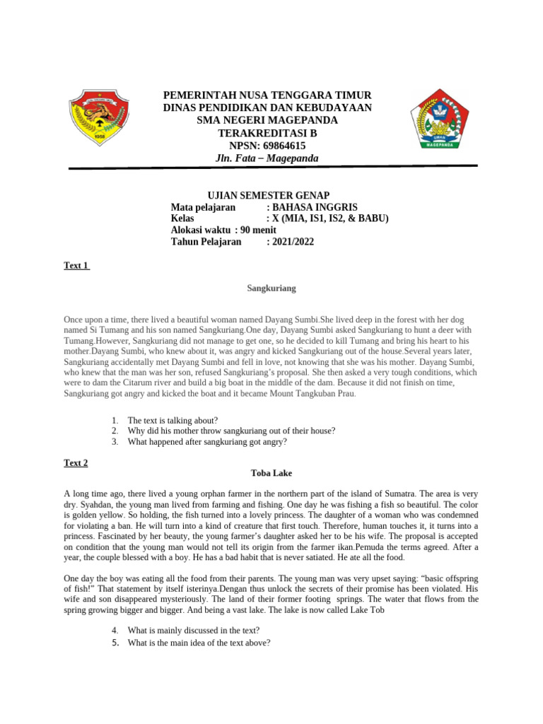 Soal Ujian Semester Genap Kelas X 2022 | PDF | Traditional Stories