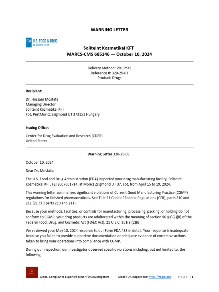 Warning Letter | PDF | Food And Drug Administration | Verification And Validation