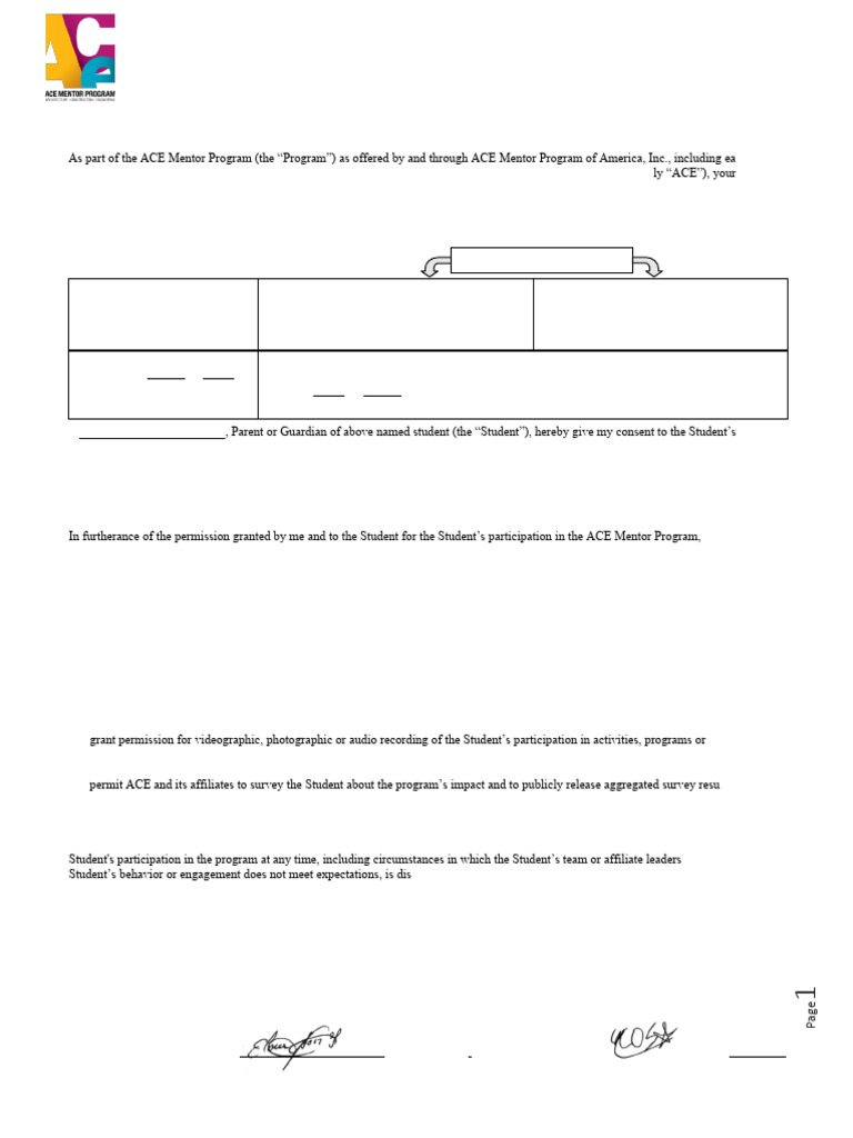 ACE Mentor Program Consent Form | PDF | Consent | Bullying