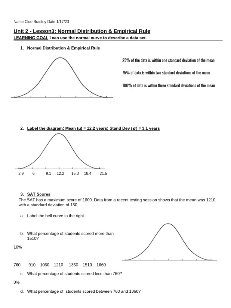 Lesson 3 Classwork On Normal Curve & Empirical Rule | PDF | Normal Distribution | Standard Deviation