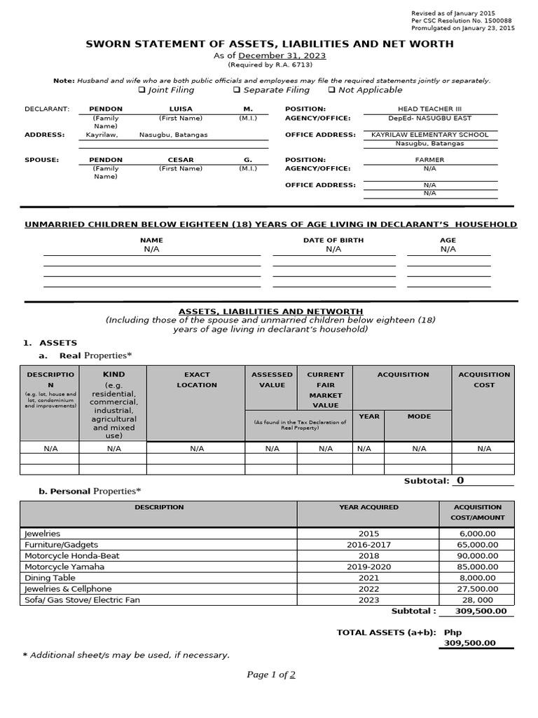 SALN 2022 PENDON Revised As of 1.24.2023 | PDF