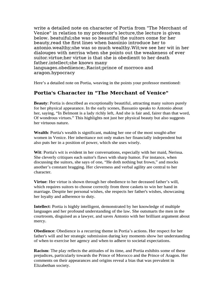 Write A Detailed Note On Character of Portia From Al Generated | PDF ...