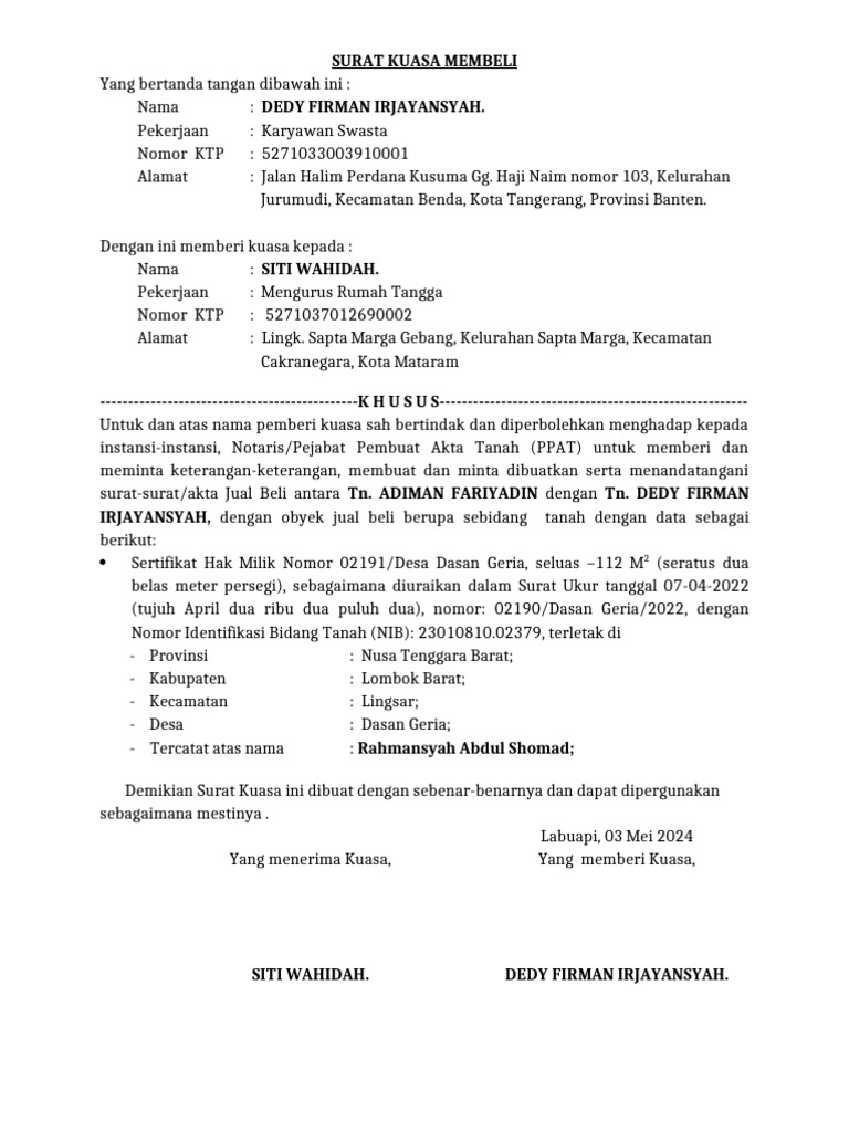 Surat Kuasa Membeli | PDF