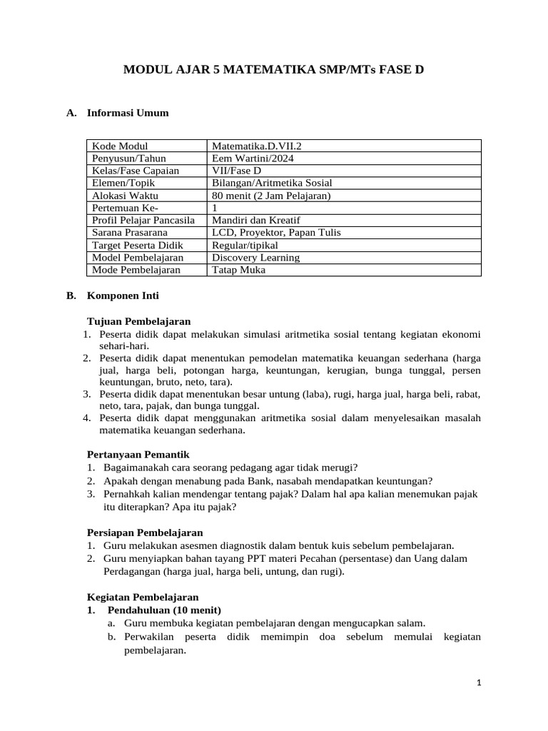 Matematikakeuangan Bab 5 MODUL AJAR Kelas 7 Bab 5 | PDF | Karier