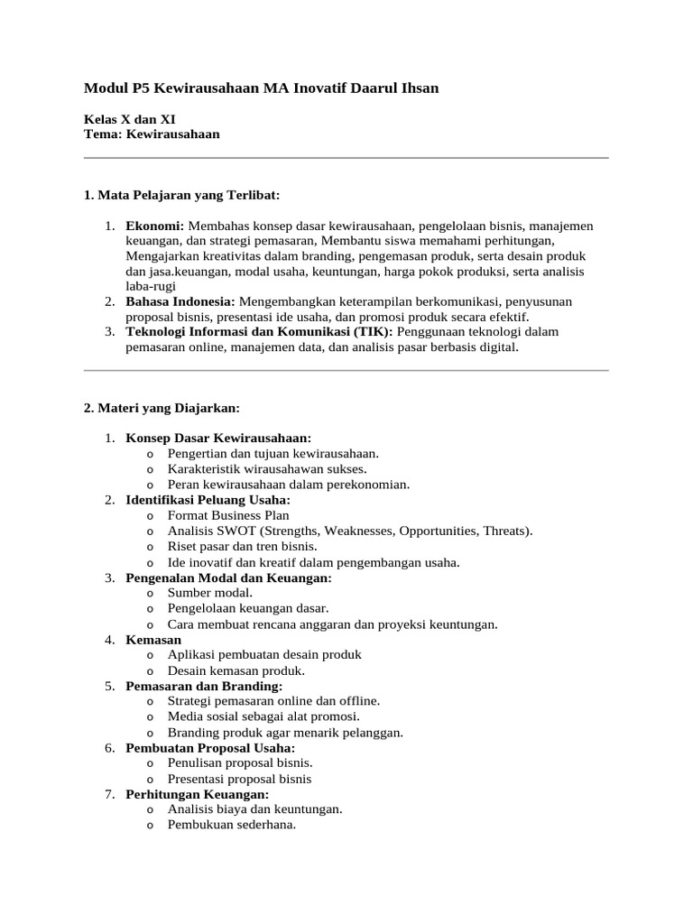Modul P5 Kewirausahaan MA Inovatif Daarul Ihsan | PDF