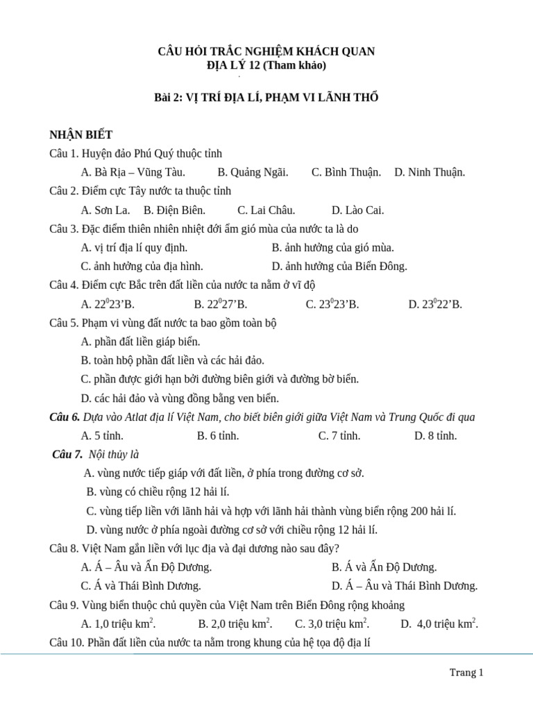 Cau Hoi Trac Nghiem 12 (Tham Khao) | PDF