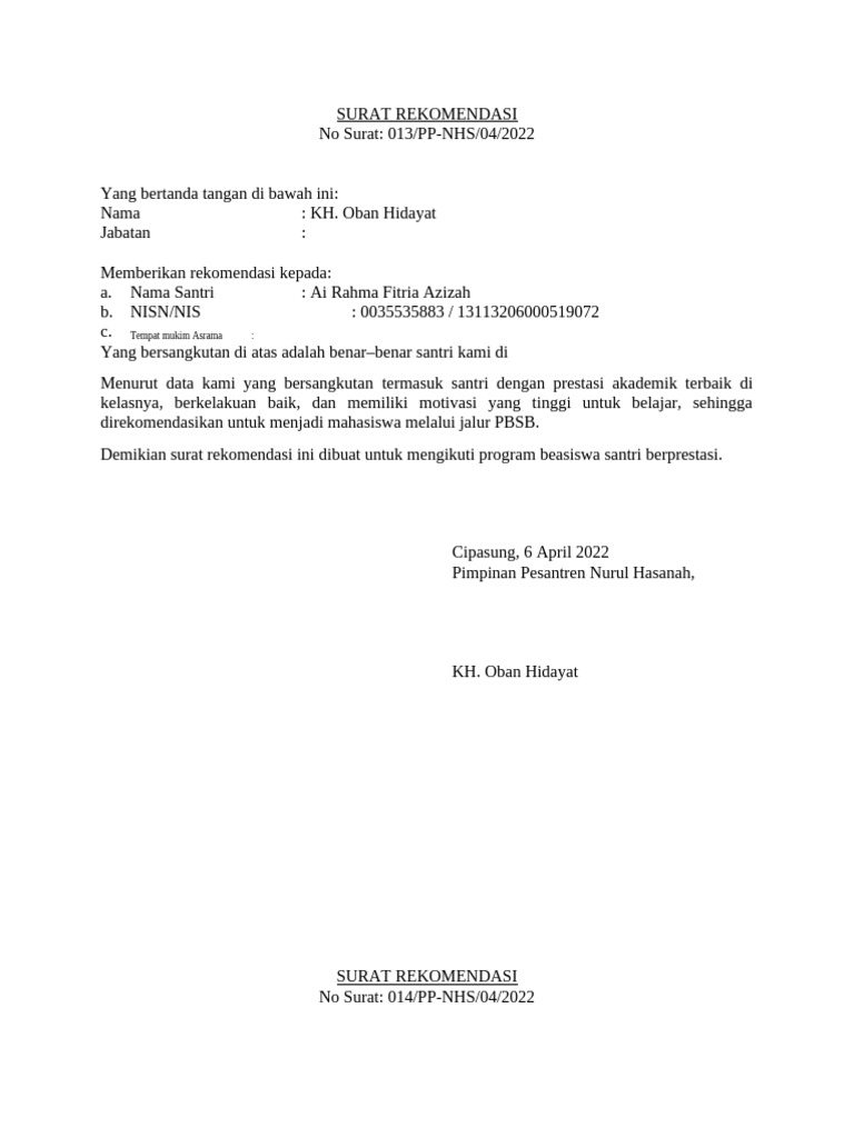 Surat Rekomendasi PESANTREN | PDF