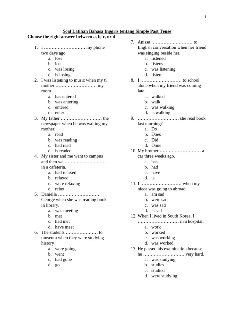 40 Soal Latihan Bahasa Inggris Tentang Simple Past Tense | PDF