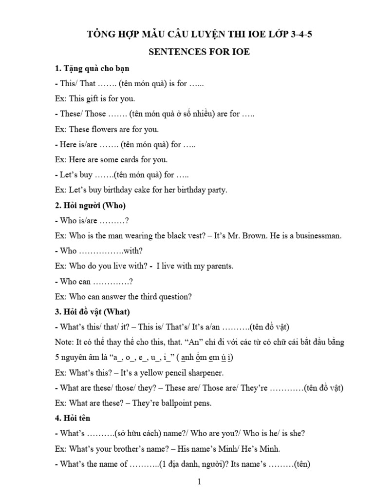 Tong Hop Mau Cau Luyen Thi IOE Lop 3 4 5 | PDF | Vietnam