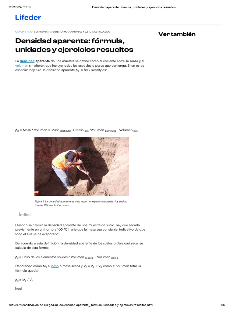 Densidad Aparente: Fórmulas y Ejercicios | PDF | Densidad | Suelo