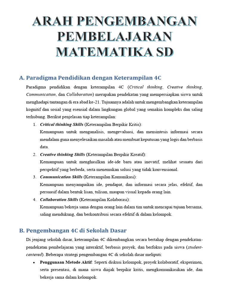 (Doc) Arah Pengembangan Pembelajaran Matematika SD | PDF