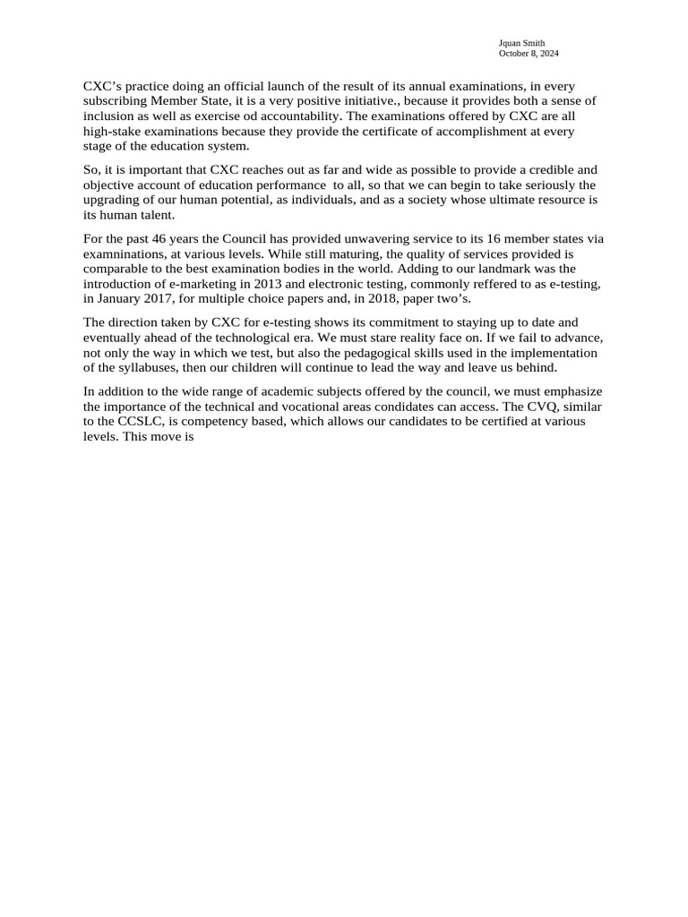 CXC Speech | PDF | Business