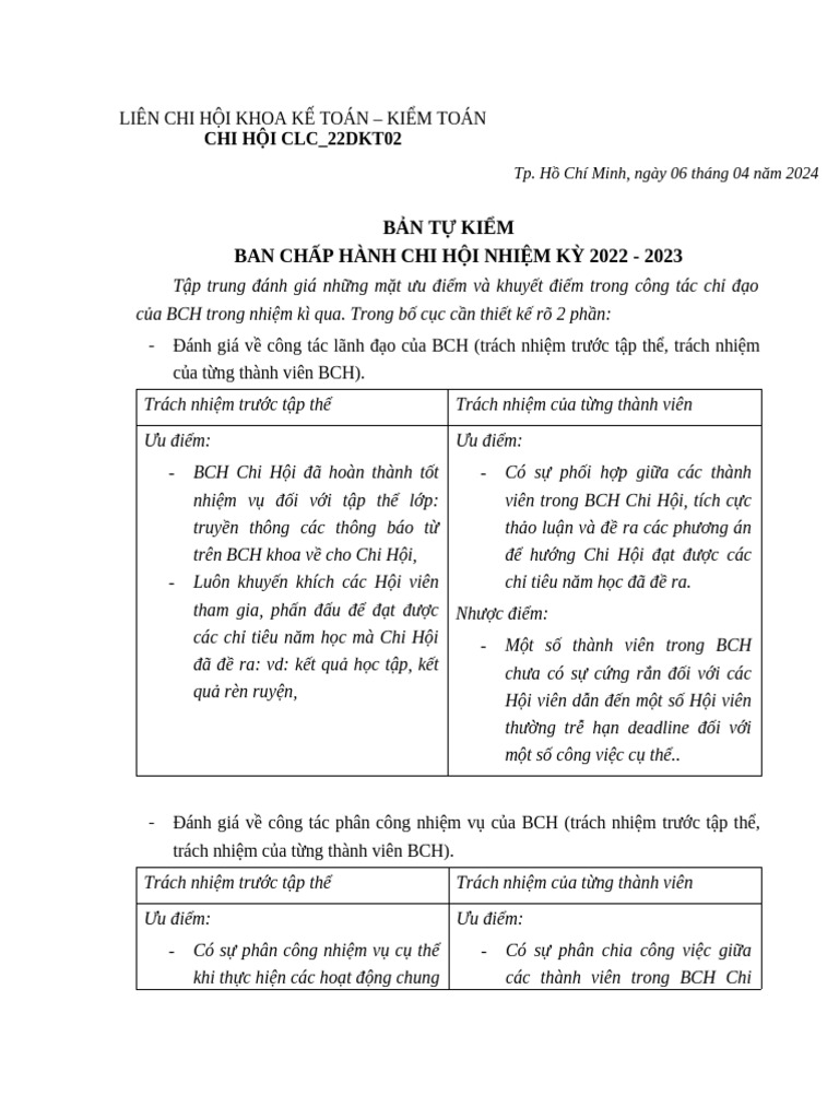 Báo cáo kiểm điểm BCHCH nhiệm kỳ trước | PDF