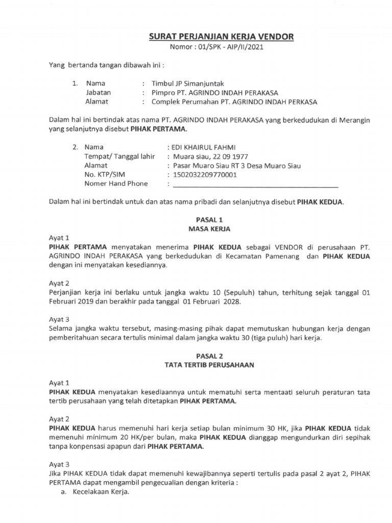 Surat Perjanjian Kerja Vendor | PDF