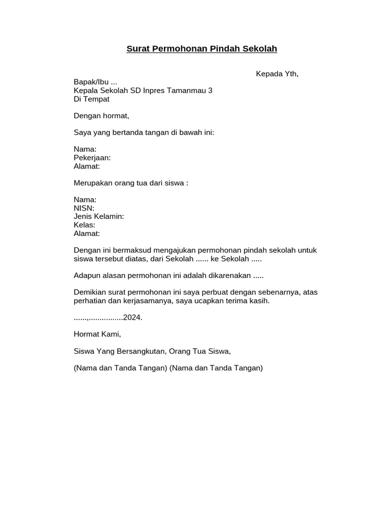 Surat Permohonan Pindah Sekolah. | PDF