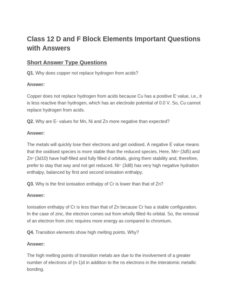 Class 12 D and F Block Elements Important Questions With Answers | PDF | Transition Metals | Ion