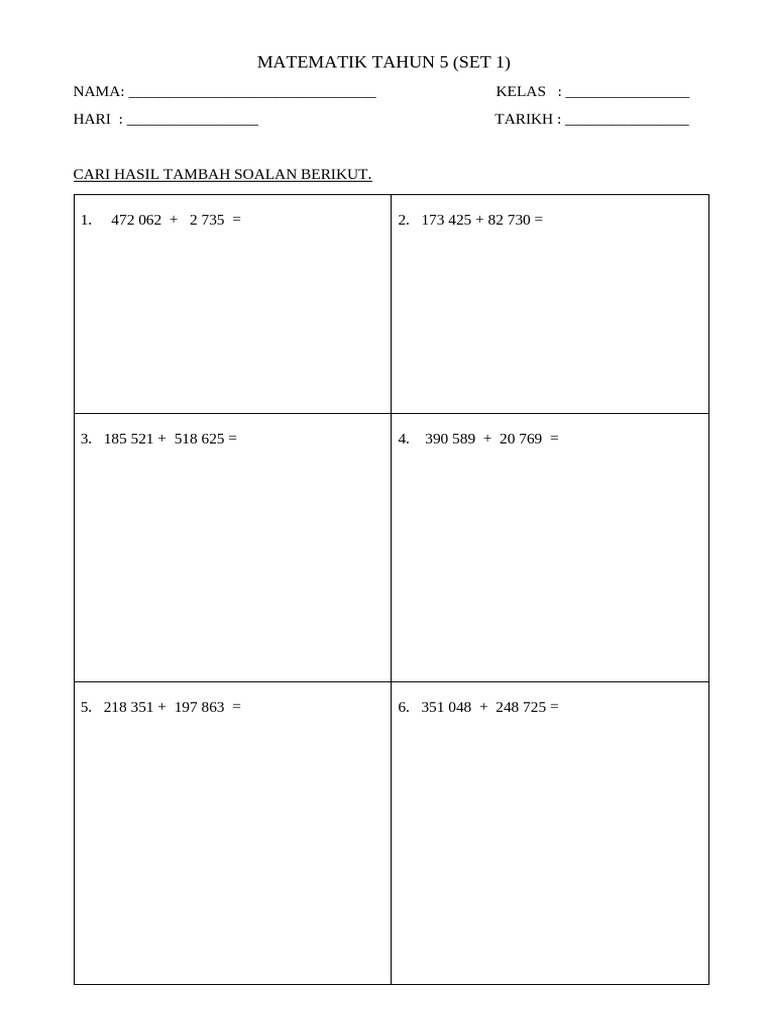 Matematik Tahun 5 Set 1 | PDF