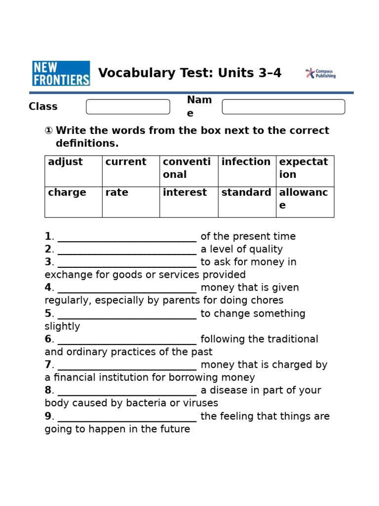 Vocabulary Test Unit 3,4 | PDF | Money
