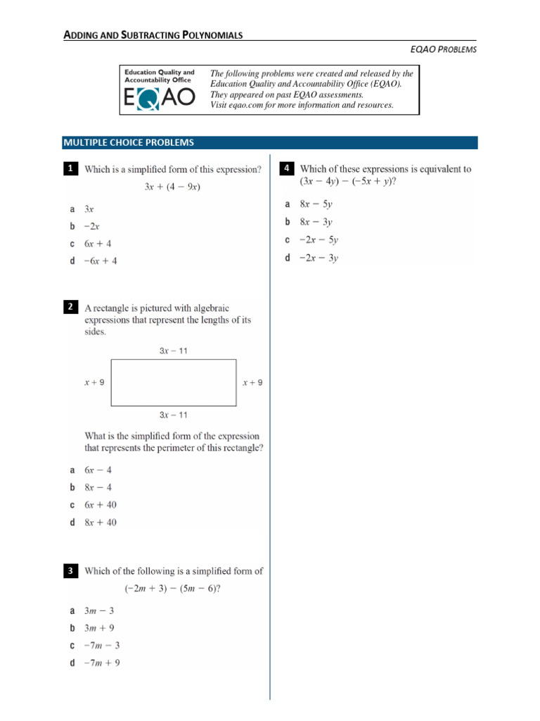 EQAO Polynomial Problems & Answers | PDF