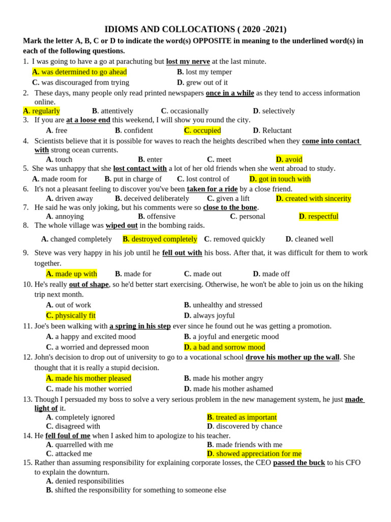 Idioms and Collocations Key | PDF