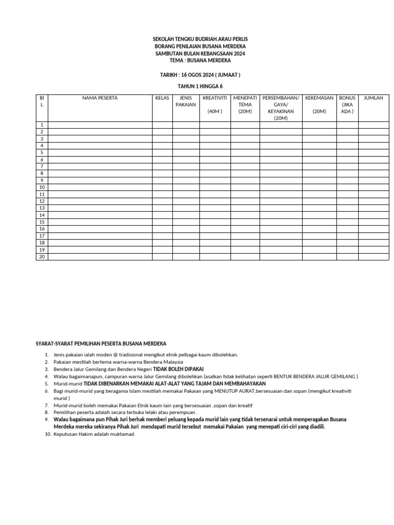 Borang Penjurian Busana Merdeka 2024 | PDF