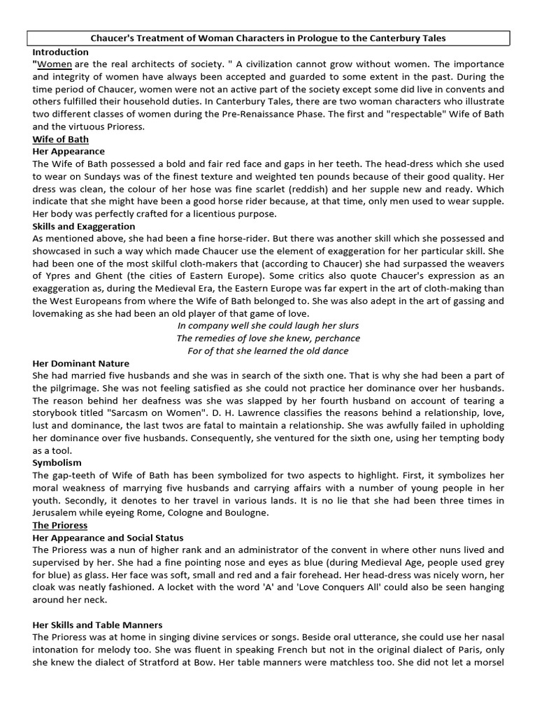 Chaucer's Women: Wife of Bath & Prioress | PDF | The Canterbury Tales ...