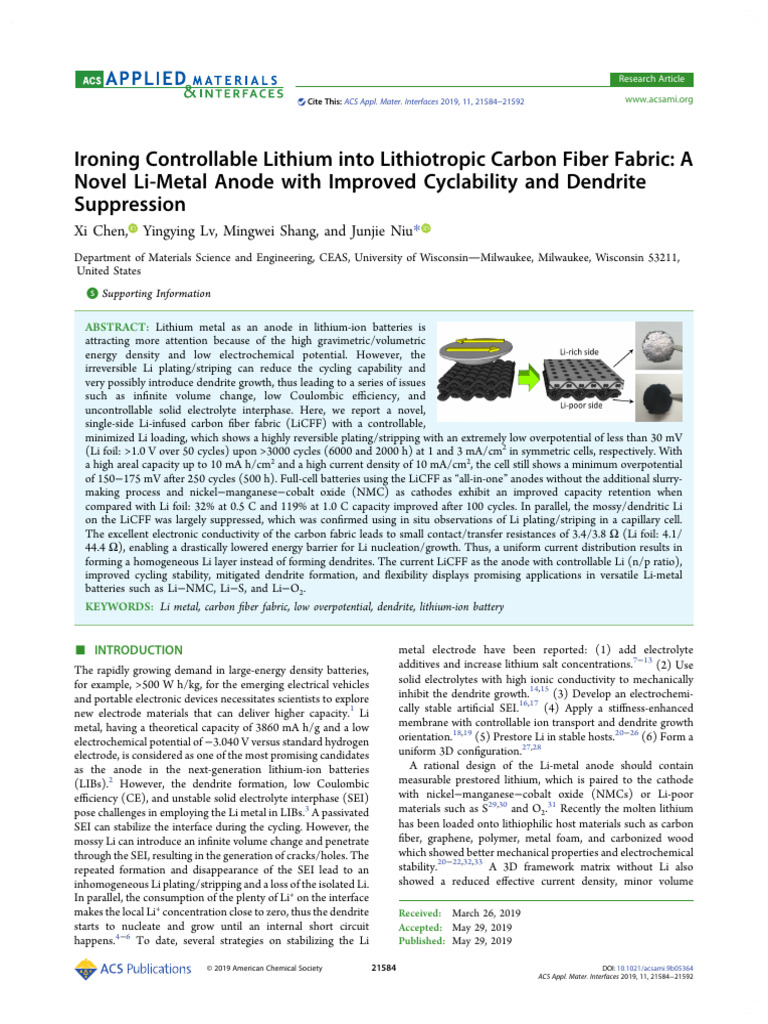 2019 ACS AMI Ironing Controllable Lithium Into Lithiotropic Carbon Fiber Fabric A Acsami.9b05364 ...