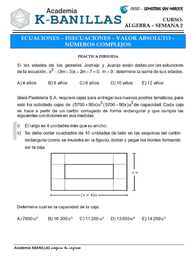Álgebra - Semana 2 - Ecuaciones - Inecuaciones - Valor Absoluto - Números Complejos | PDF