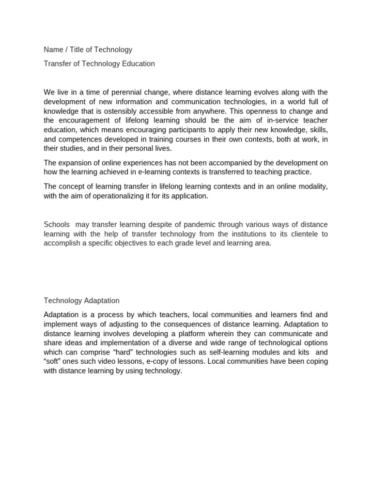 Transfer and Adaptation of Technology in The Community | PDF | Business