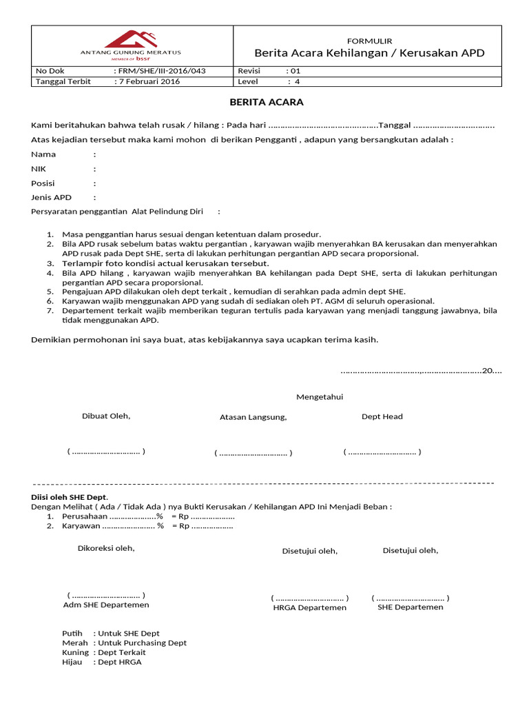 043 Form Berita Acara Kehilangan Kerusakan Apd | PDF