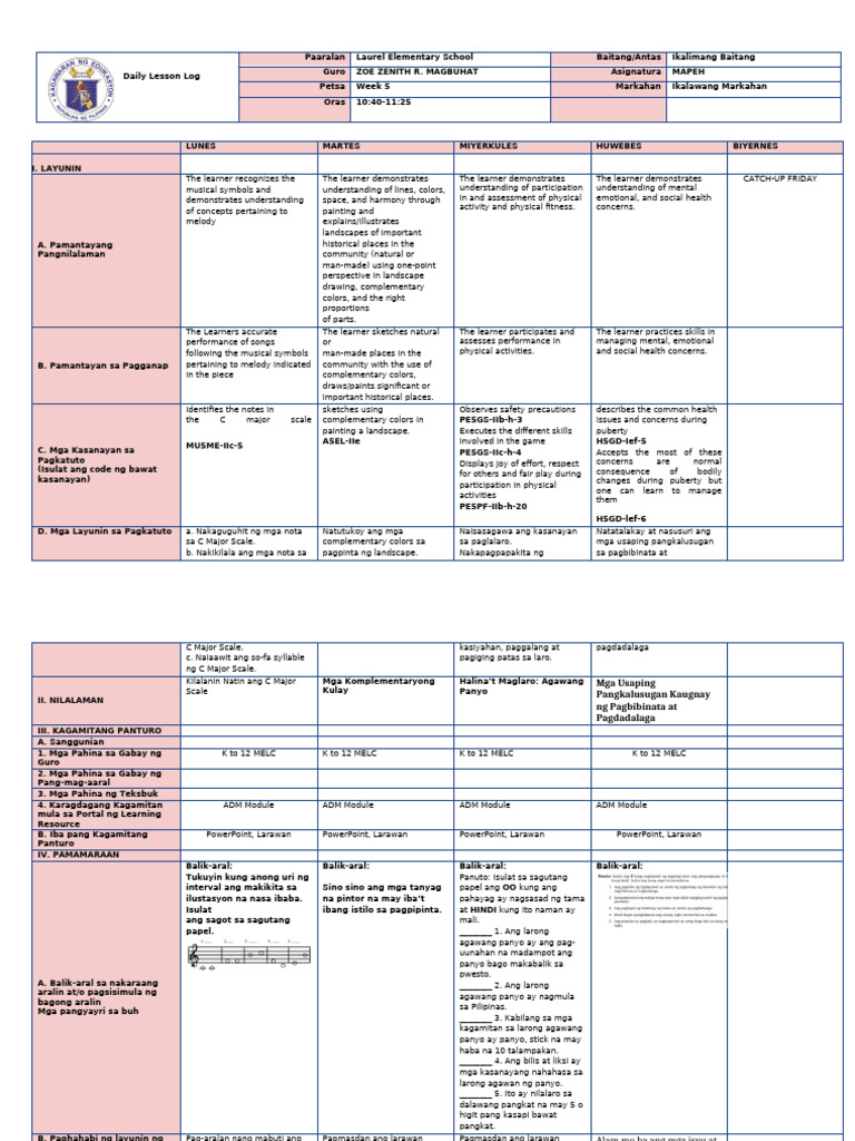 DLL Week 5 Mapeh | PDF