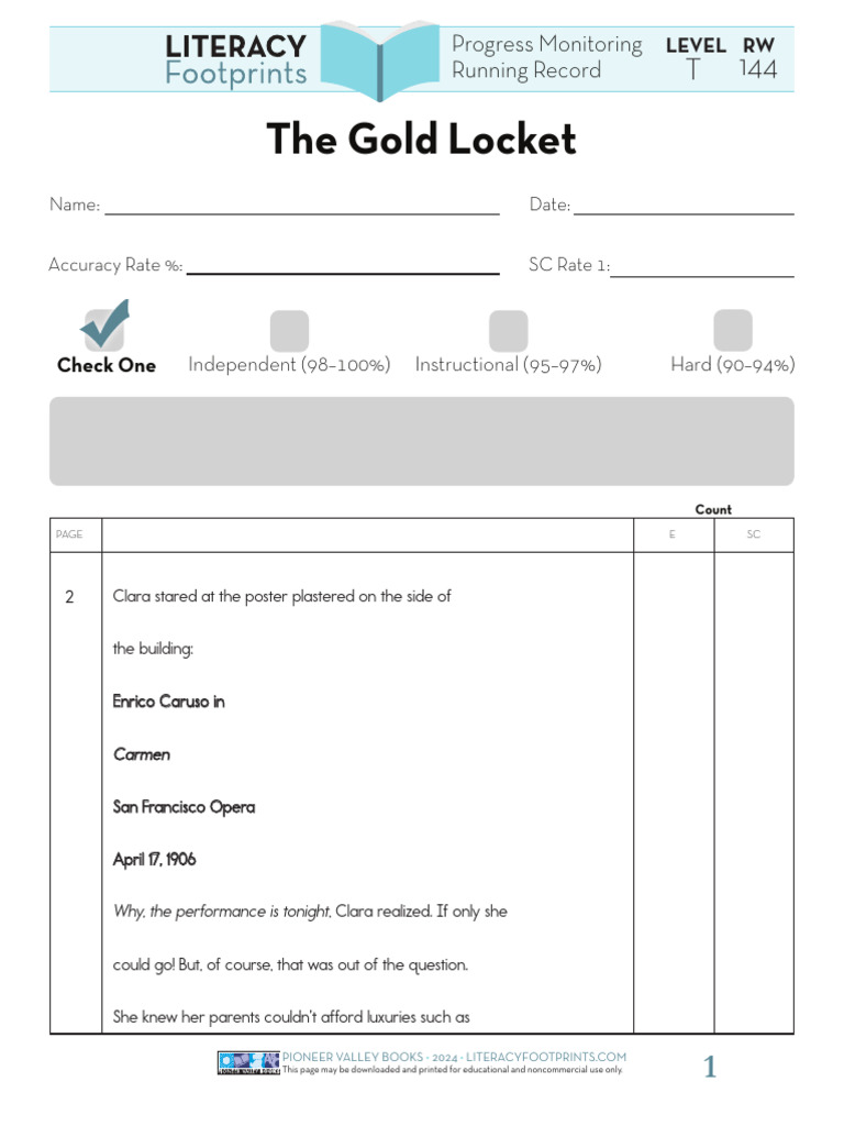 Level T The Gold Locket RunningRecord-2024 | PDF | Fluency | Reading ...
