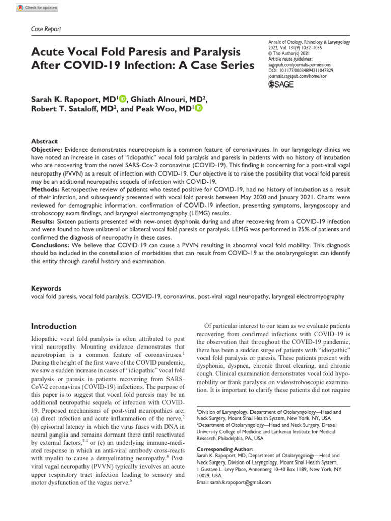 Rapoport Et Al 2021 Acute Vocal Fold Paresis and Paralysis After Covid ...