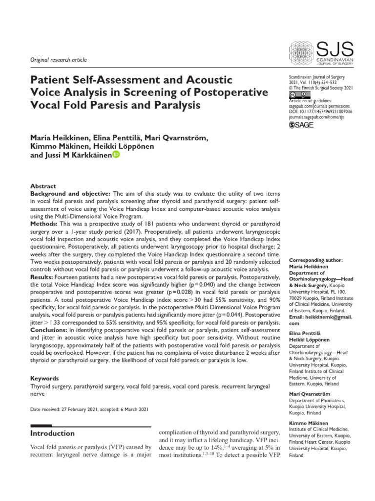 Patient Self-Assessment and Acoustic Voice Analysis in Screening of Postoperative Vocal Fold ...