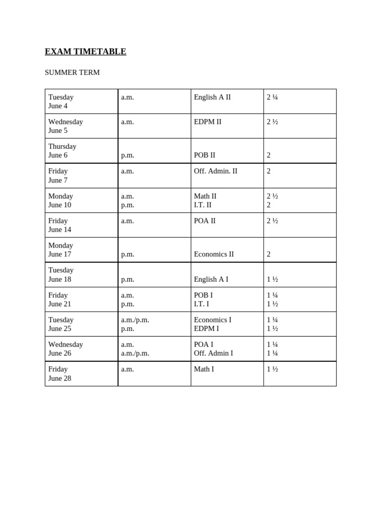 Exam Timetable | PDF