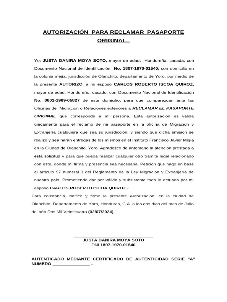Autorización para Reclamar Pasaporte Original | PDF | Derecho