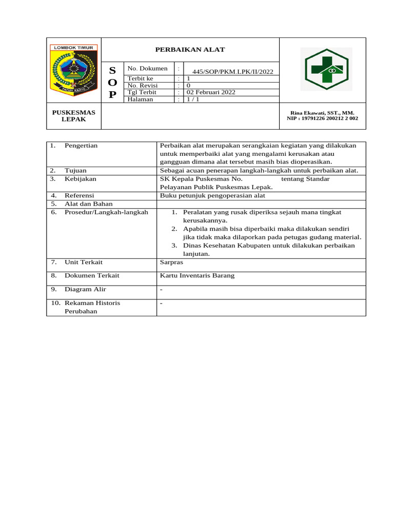 Sop Perbaikan Alat | PDF
