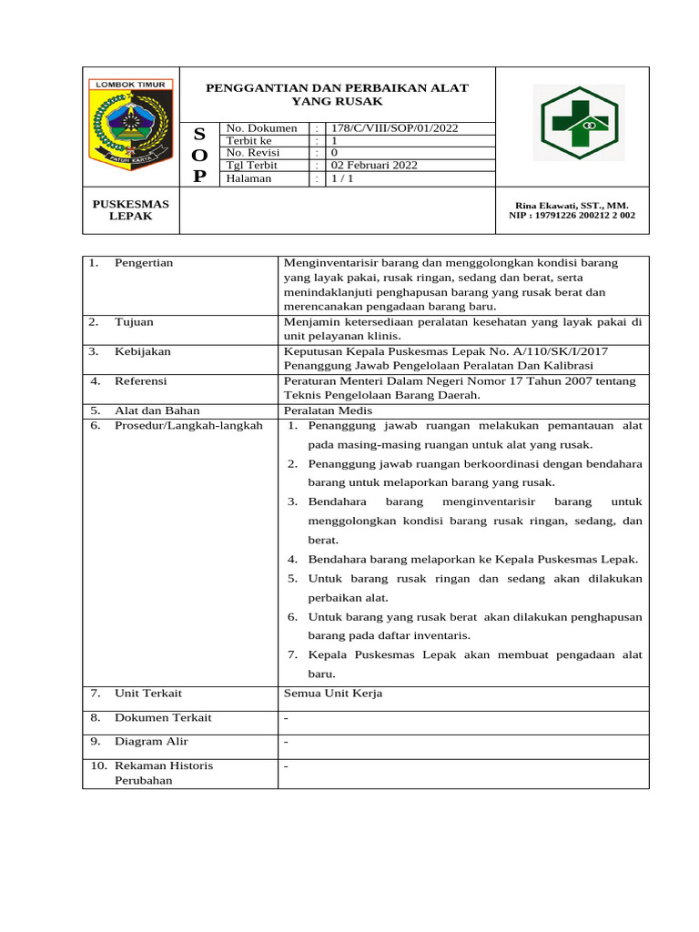 SOP PENGGANTIAN DAN PERBAIKAN ALAT YANG RUSAK | PDF