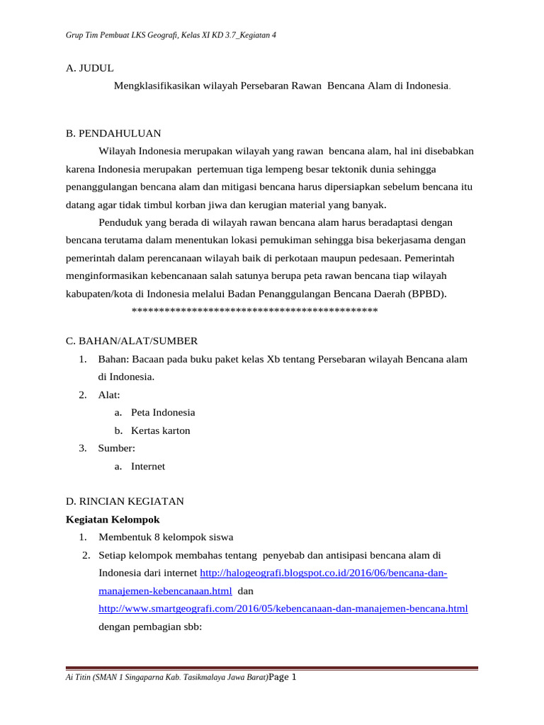 LKPD Kelas XII Bab 7 - Klasifikasi Wilayah Rawan Sebaran Bencana Alam ...