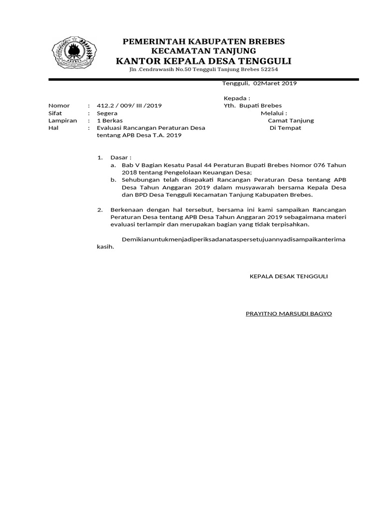 Surat Evaluasi APBDes 2019 | PDF