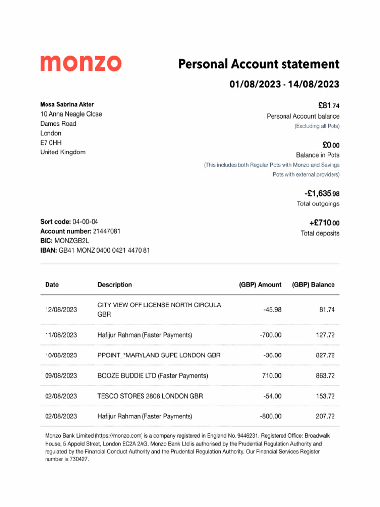 Monzo - Bank - Statement - 2023 08 01 2023 08 14 3187 S | PDF