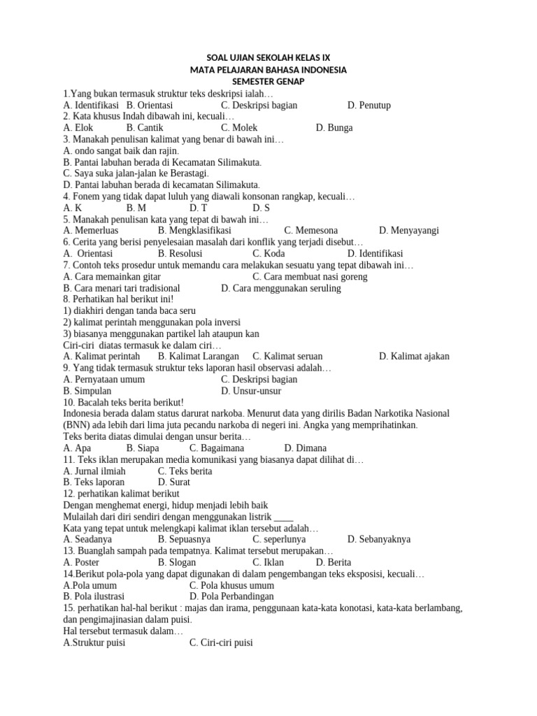 Soal Ujian Sekolah Kelas Ix | PDF