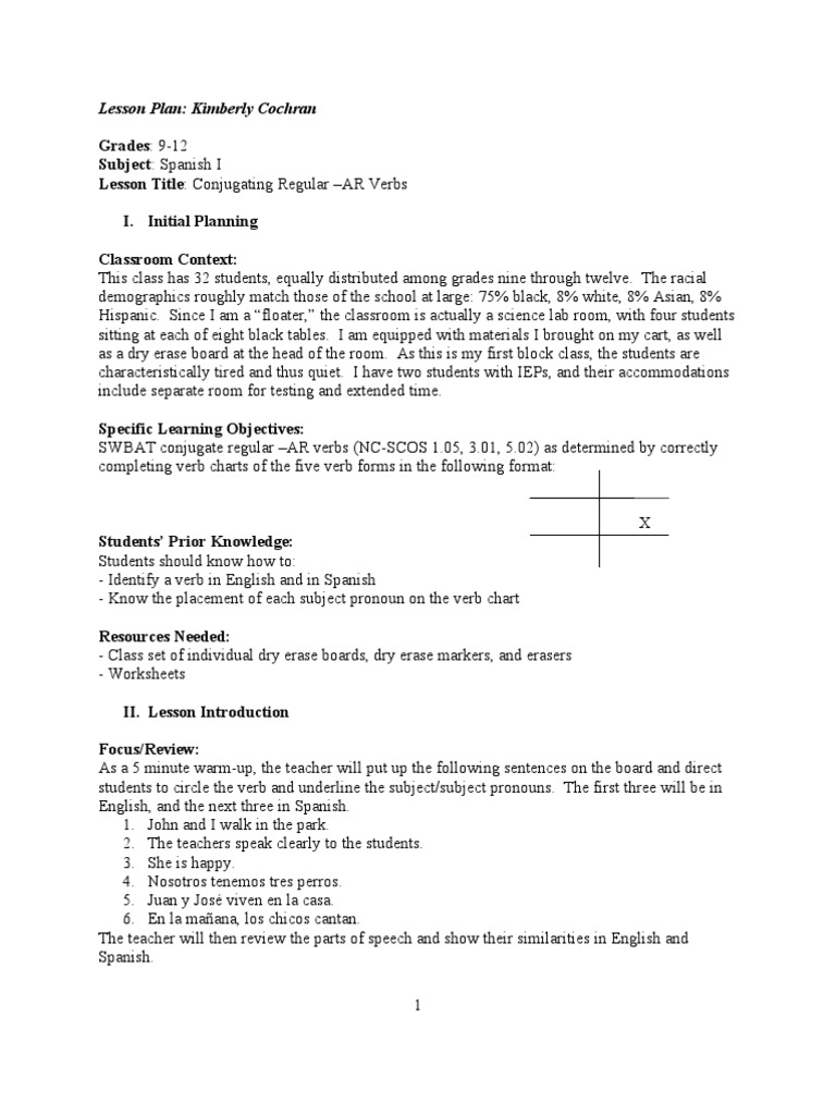 Spanish I Conjugating - Ar Verbs Lesson Plan-1 | PDF | Grammatical ...